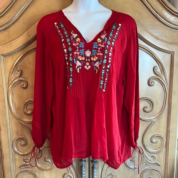 Johnny Was | Tops | Johnny Was Red Embellished Tie Sleeve Blouse | Poshmark